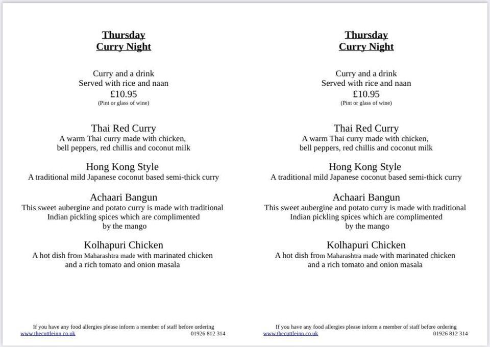 Menu at Cuttle Inn pub & bar, Long Itchington