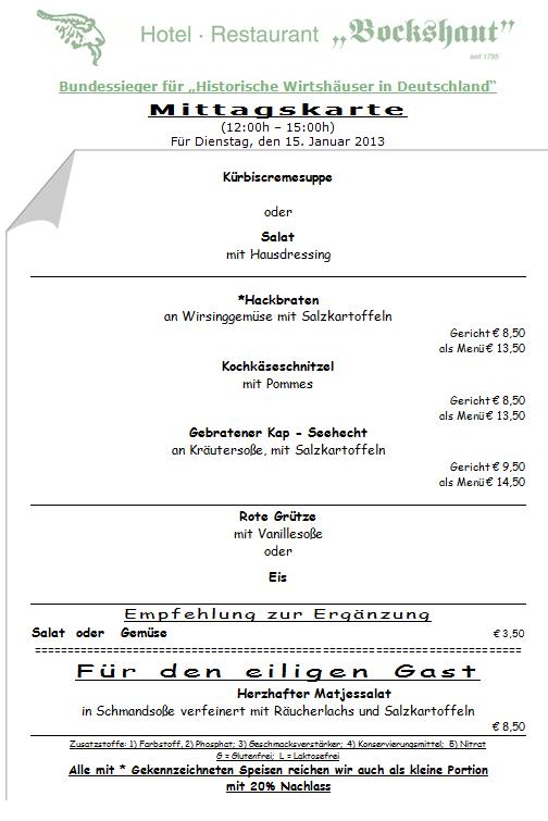 Speisekarte von Hotel Restaurant Bockshaut, Darmstadt
