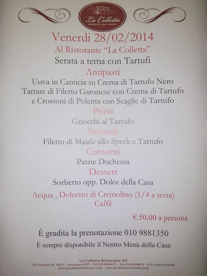 Menu da "La Colletta" Ristorante, Arenzano, Via Francia