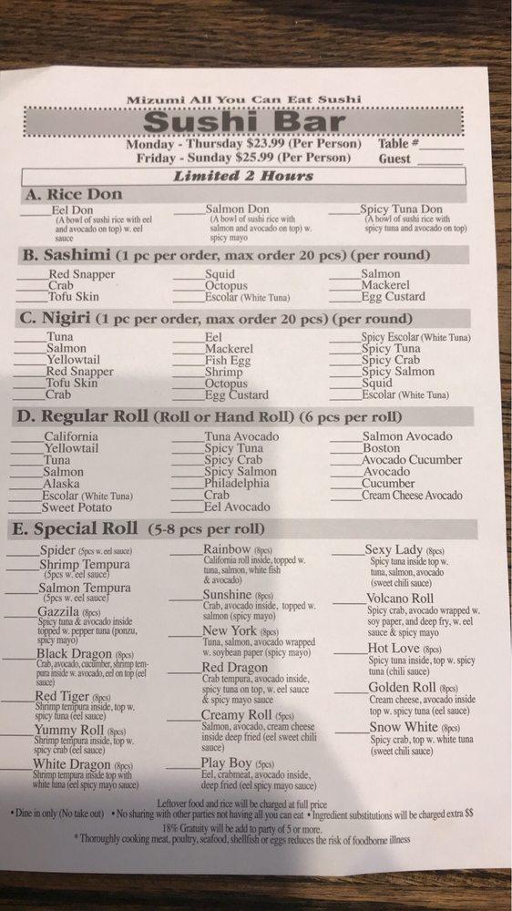 Menu at Mizumi Hibachi and Sushi restaurant, Greensboro, 309 State St