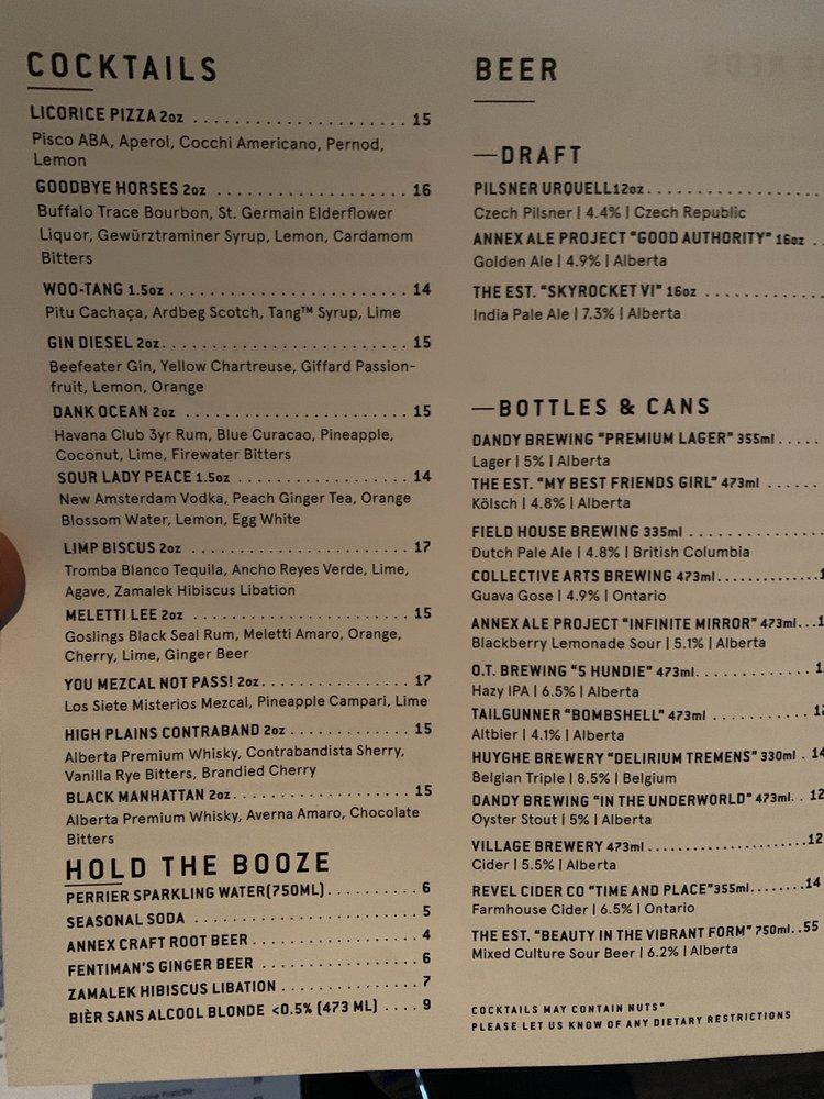 Menu at Model Milk restaurant, Calgary