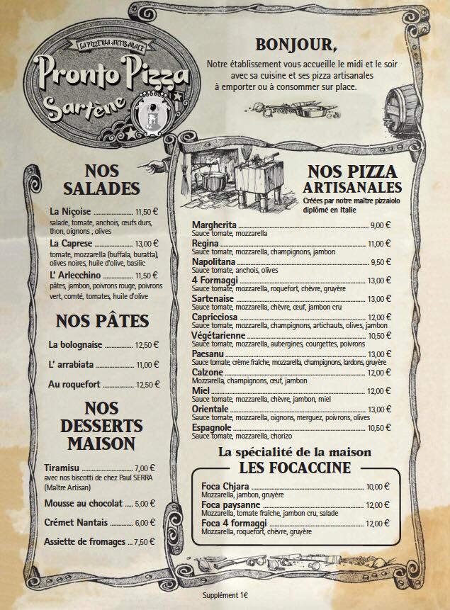 Menu au Pronto Pizza pizzeria, Sartène