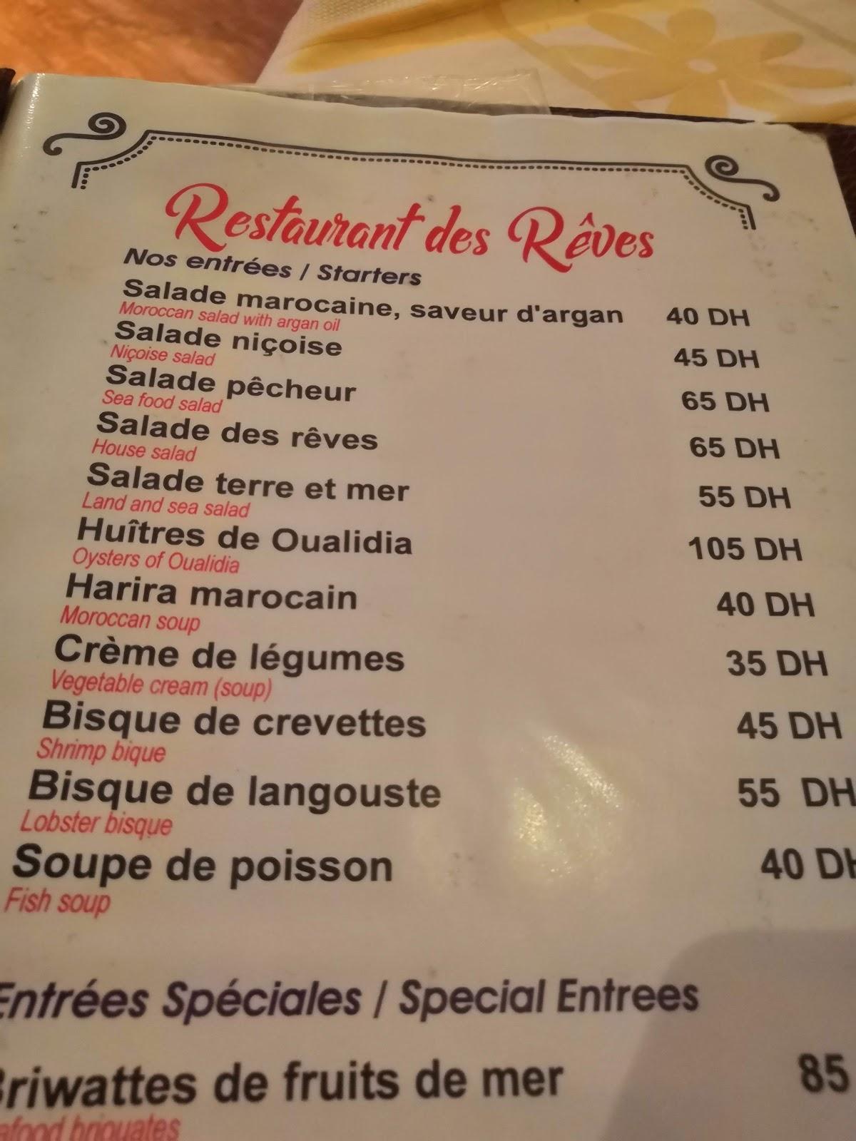 Menu at Restaurant des Rêves, Essaouira
