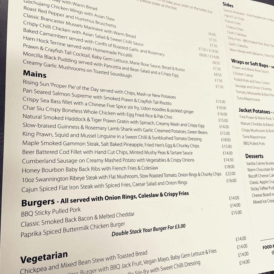 Menu at Rising Sun Coltishall pub & bar, Norwich