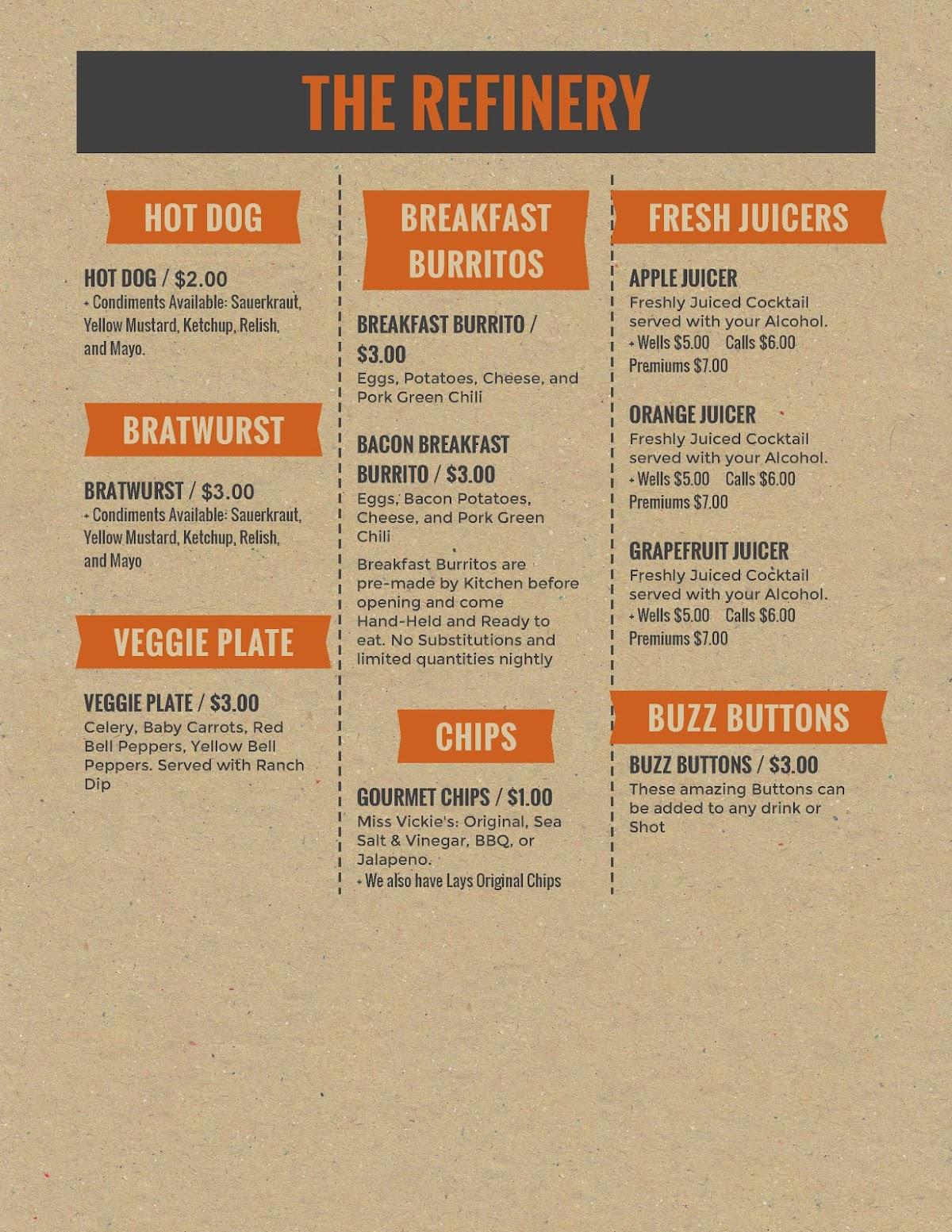 Menu at The Refinery pub & bar, Denver