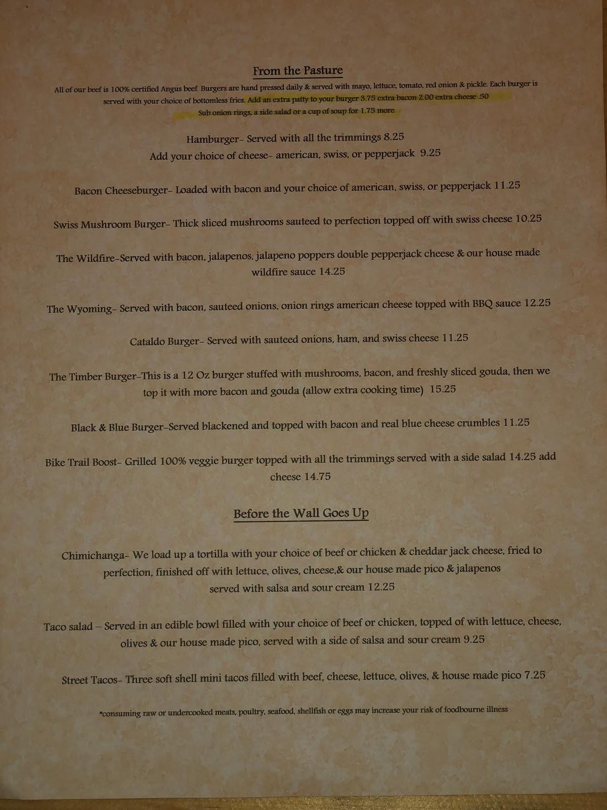 Menu at Timbers Roadhouse restaurant, Cataldo