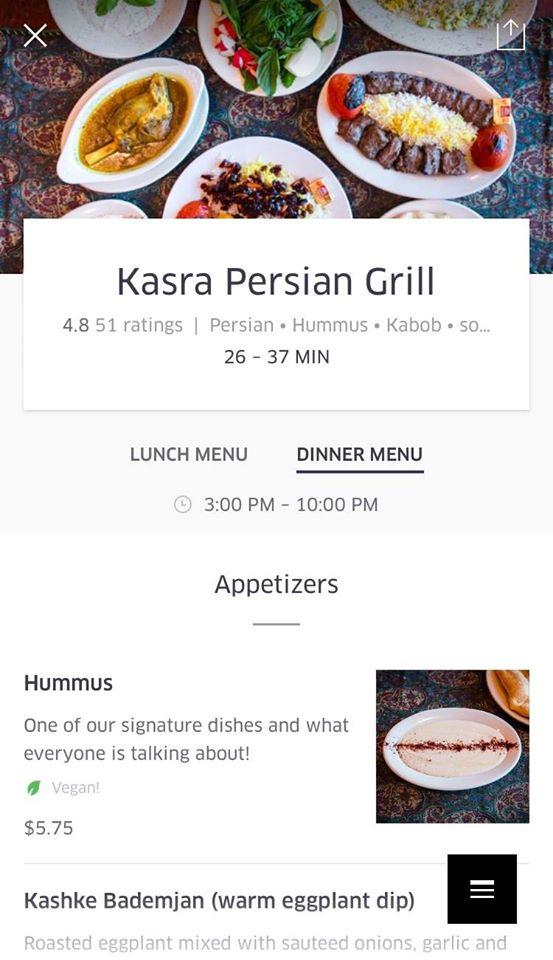 Menu at Kasra Persian Grill restaurant, Houston, Westheimer Rd
