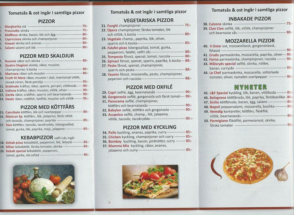 Menu at Målsryd pizzeria, Sweden