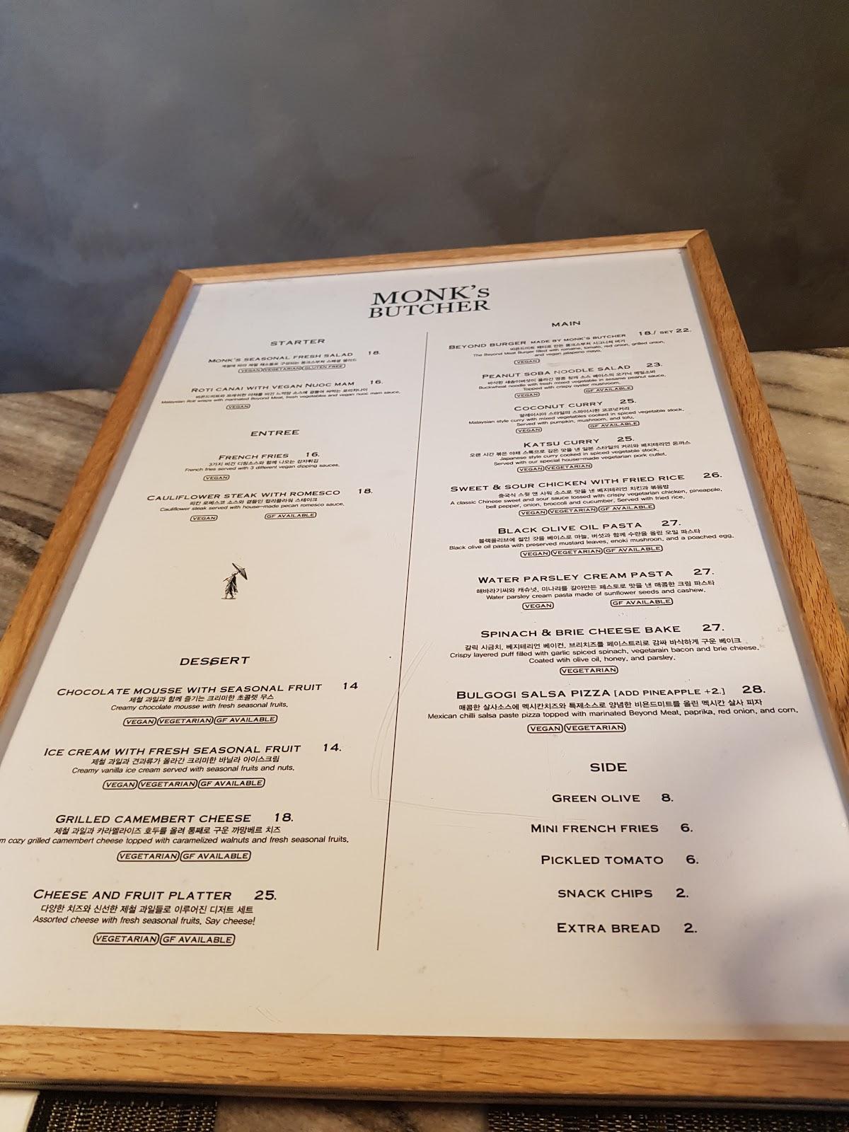Menu at Monks Butcher Itaewon restaurant, Seoul