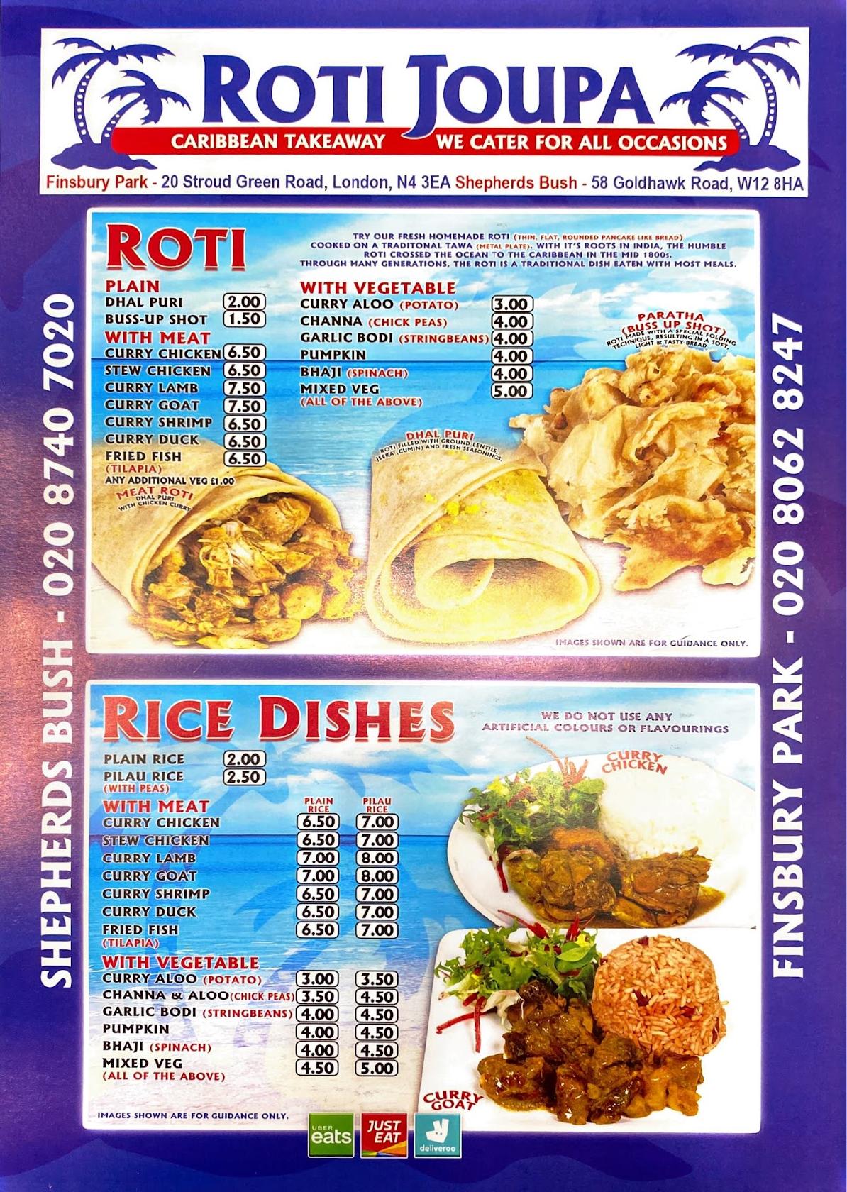Menu at Roti Joupa Finsbury Park restaurant, London, 20 Stroud Green Rd