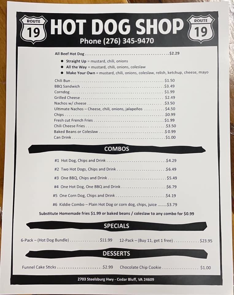 Menu at Route 19 Hot Dog Shop restaurant, Cedar Bluff