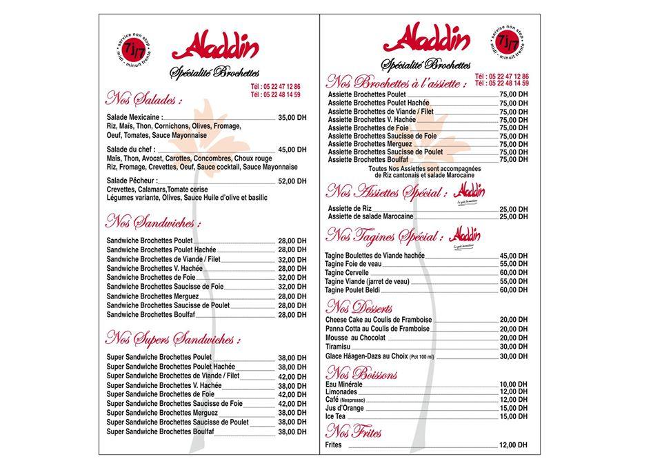 Menu at Aladdin Brochette restaurant, Casablanca