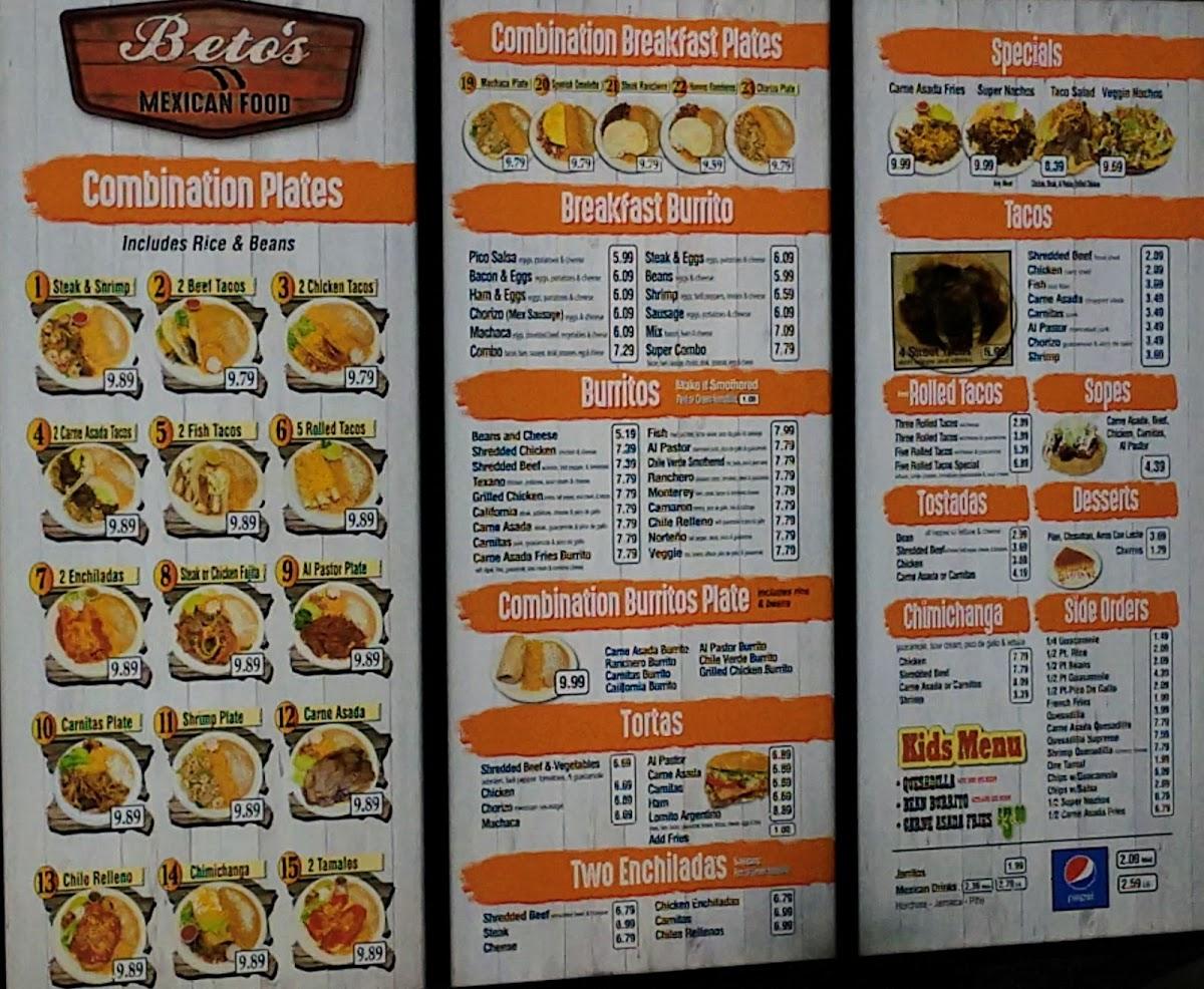 Menu at Beto’s restaurant, Tremonton