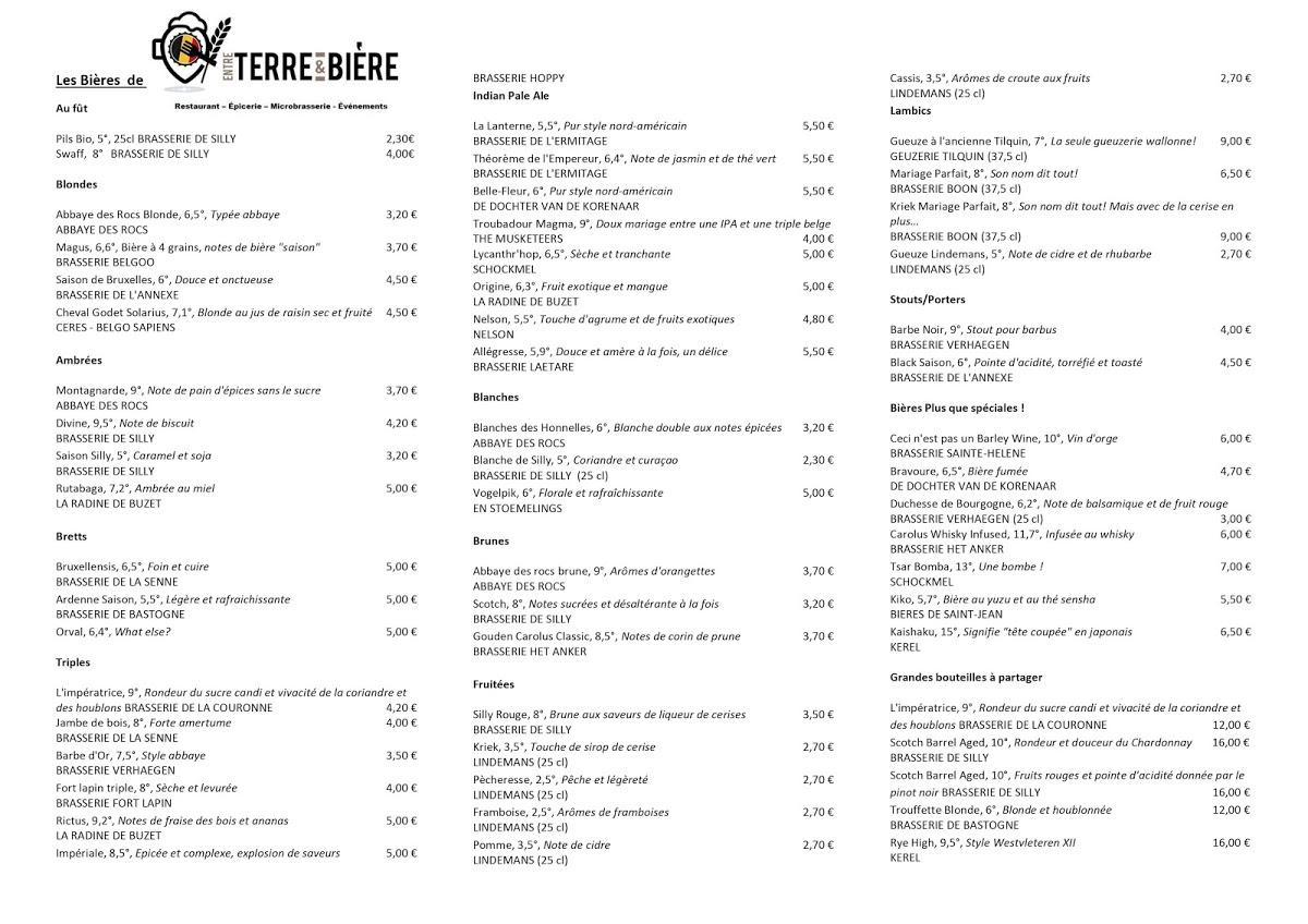Menu au Entre Terre et Bière Restaurant - Brasserie Locale, Seneffe