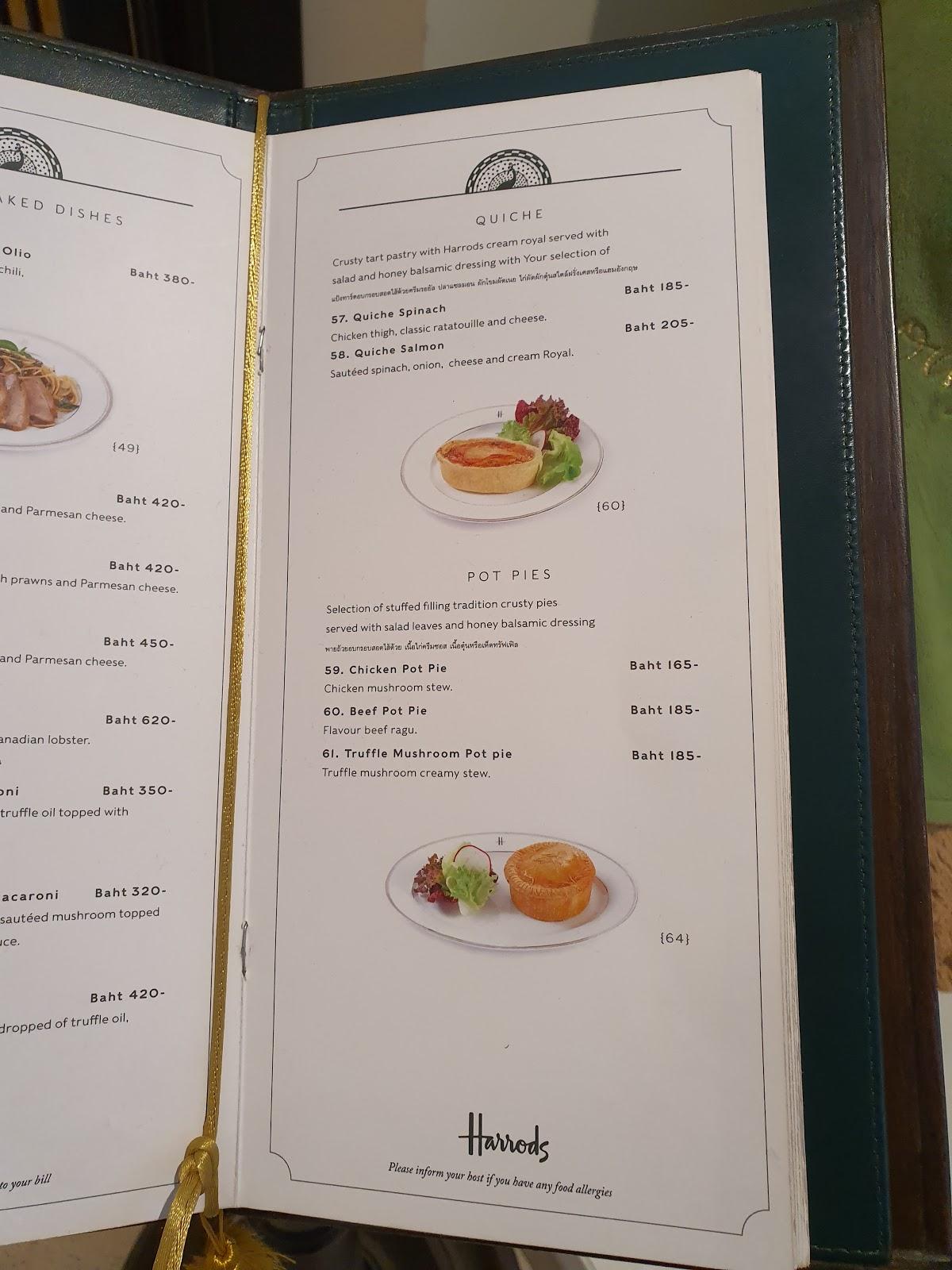 Menu at Harrods the Plantation Rooms at Central Embassy cafe, Bangkok