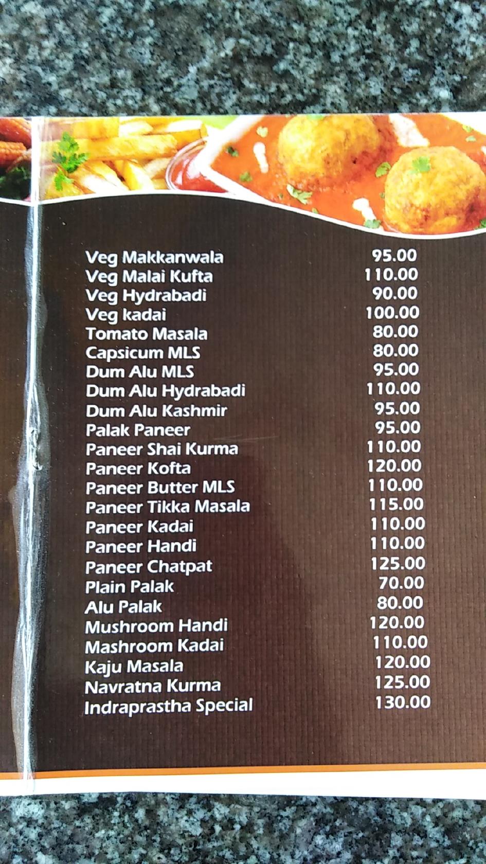Menu at Hotel Indraprastha, India, NH 66