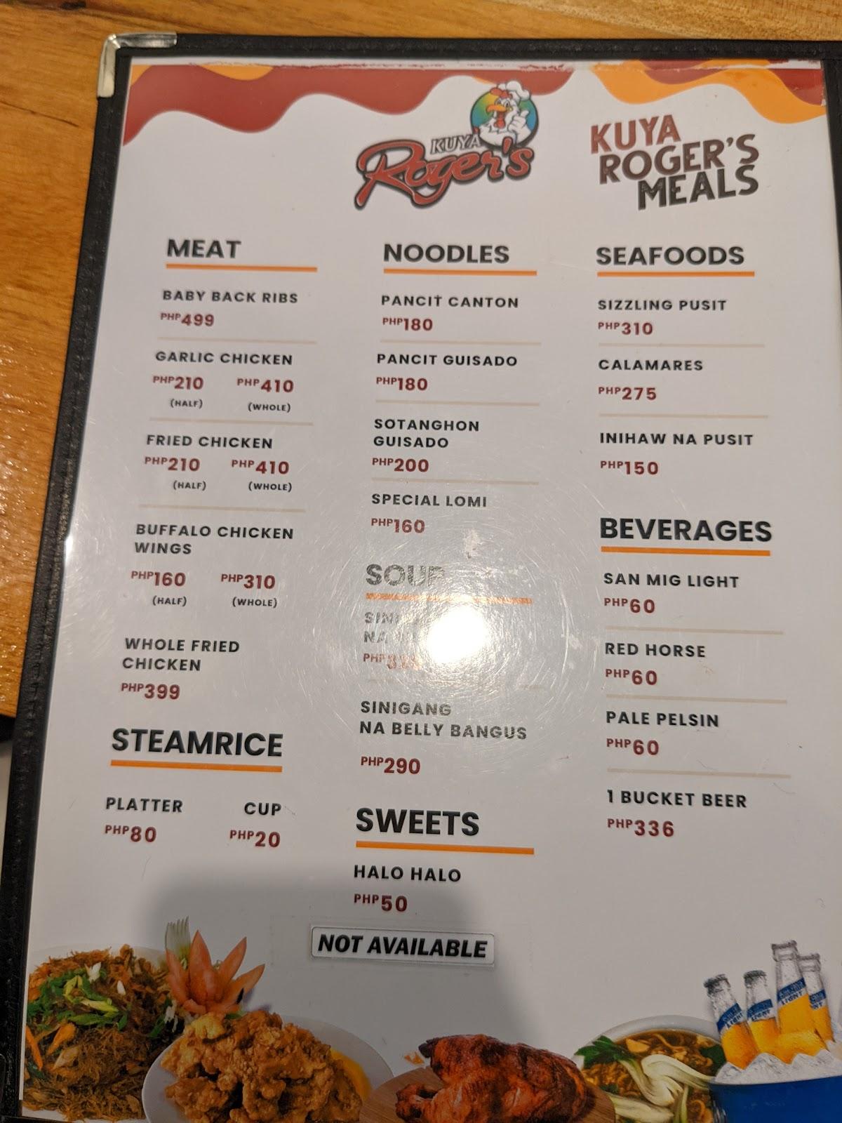 Menu at Kuya Roger's restaurant, Midsayap