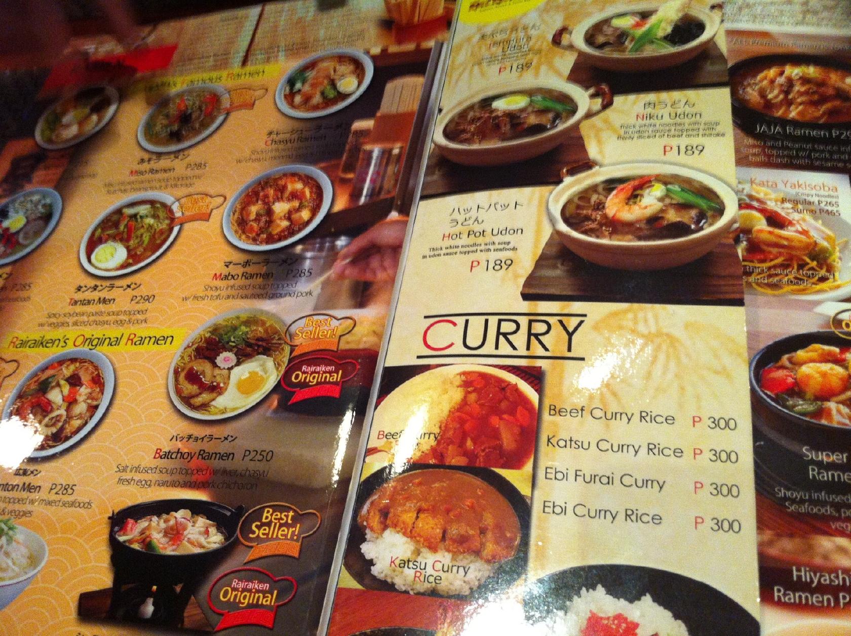 Menu at Rai Rai Ken restaurant, Manila, SM City San Lazaro