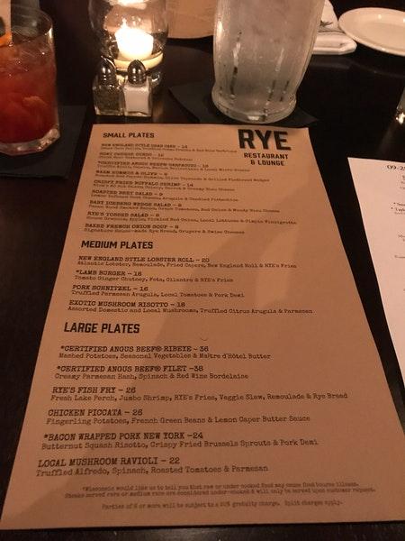 Menu at Rye Restaurant, Appleton