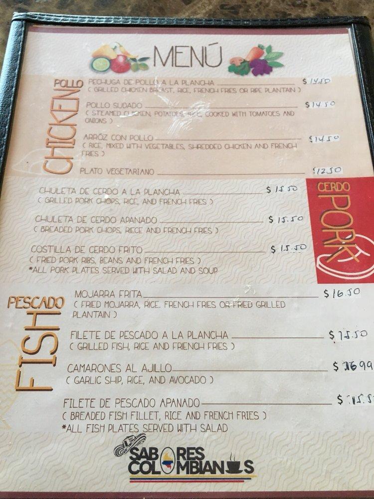 Menu at Sabores Colombianos restaurant, San Diego