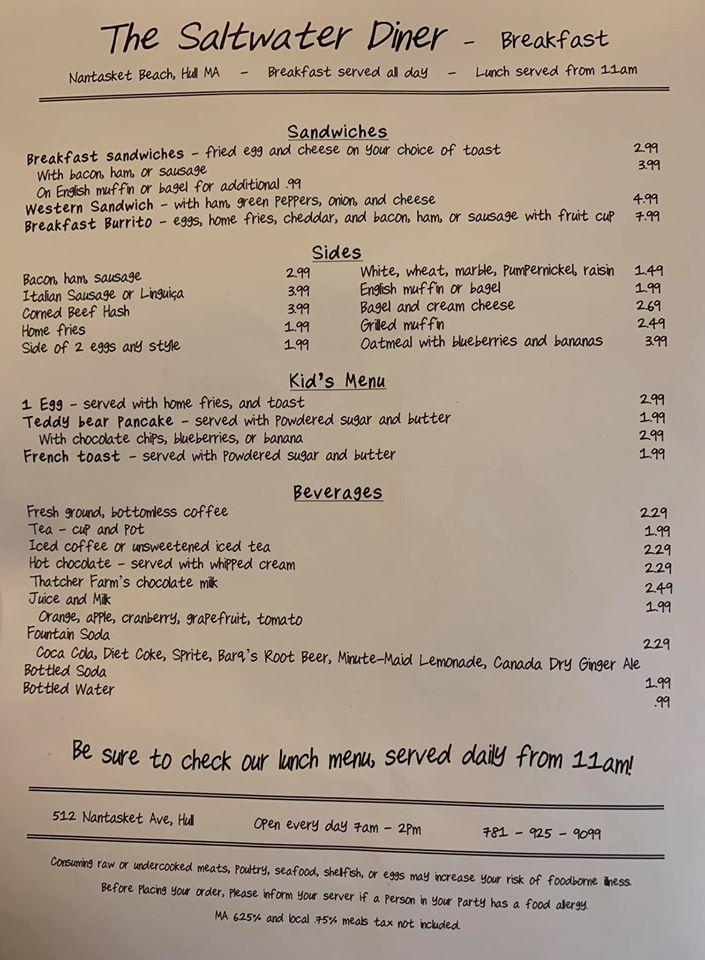Menu at Saltwater Diner restaurant, Hull