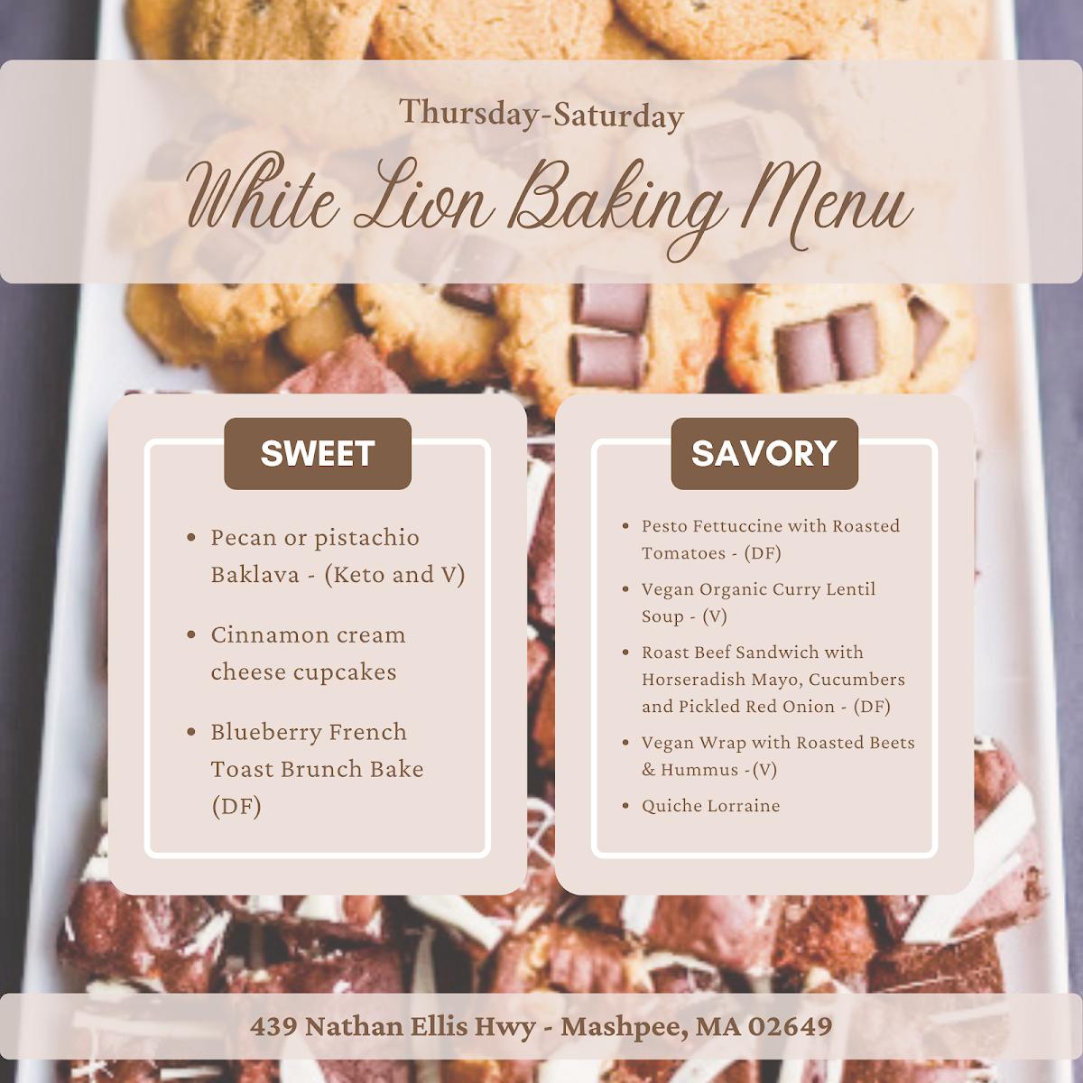 Menu at White Lion Baking Company desserts, Mashpee