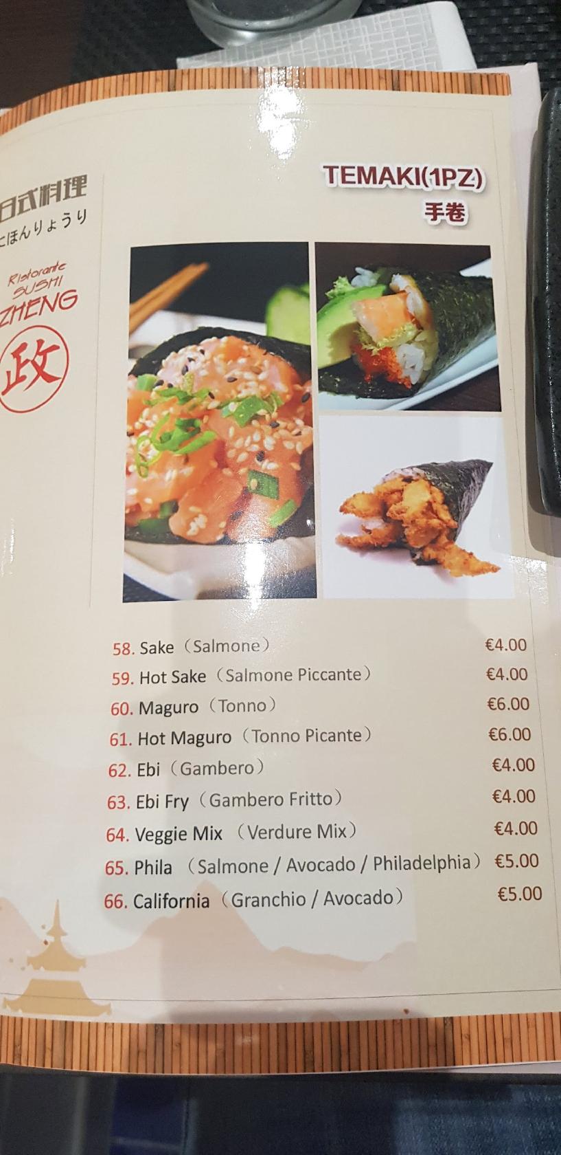 Menu da Zheng Sushi ristorante, Gallipoli
