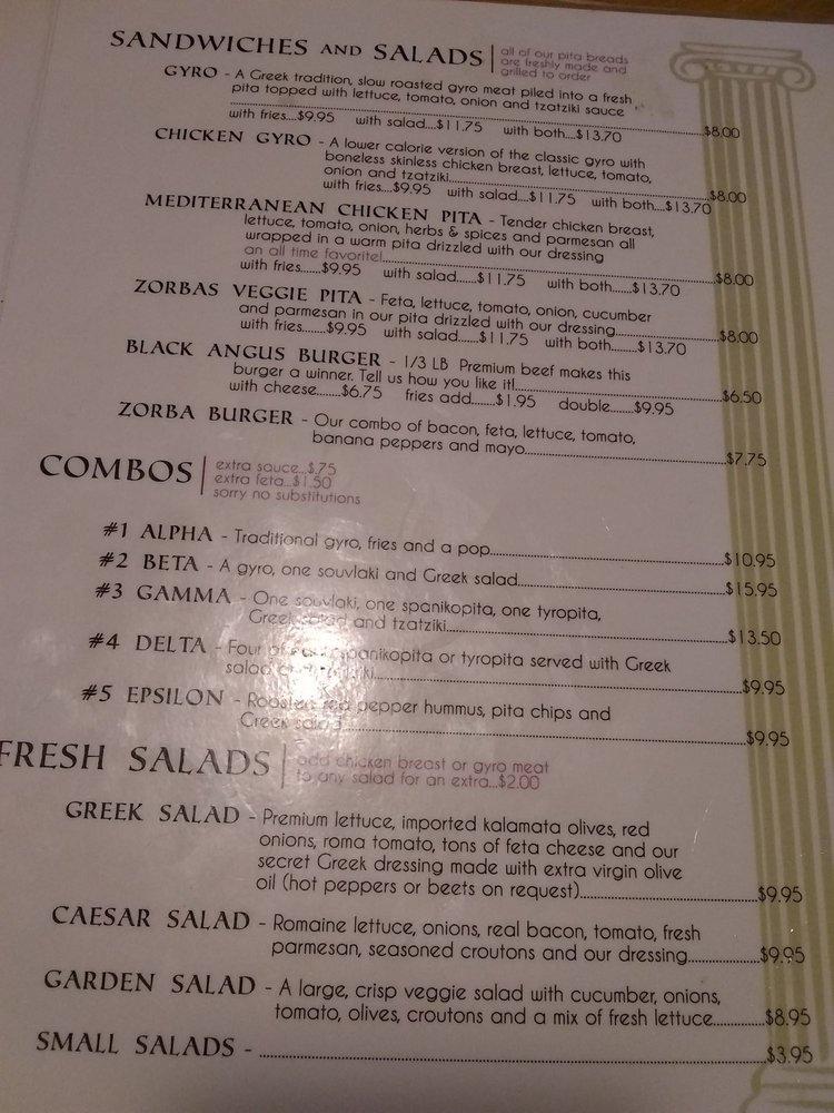 Menu at Zorba’s Greek American Restaurant, Sault Ste. Marie