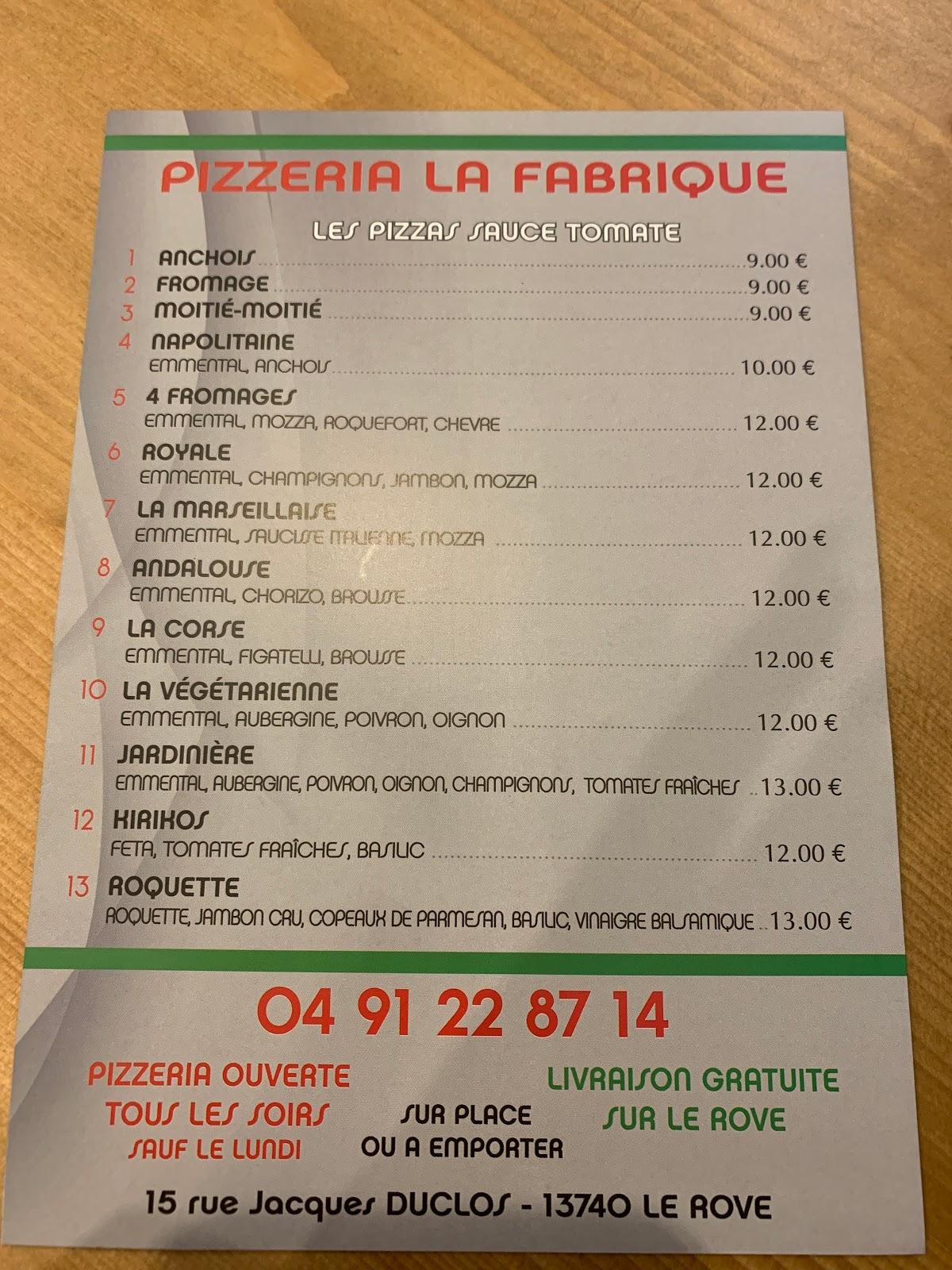 Menu at La Fabrique pizzeria, Le Rove