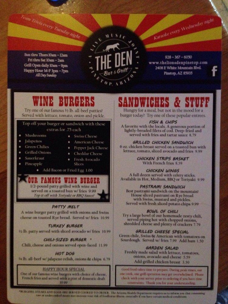 Menu at The Lion's Den Bar & Grill, Pinetop-Lakeside