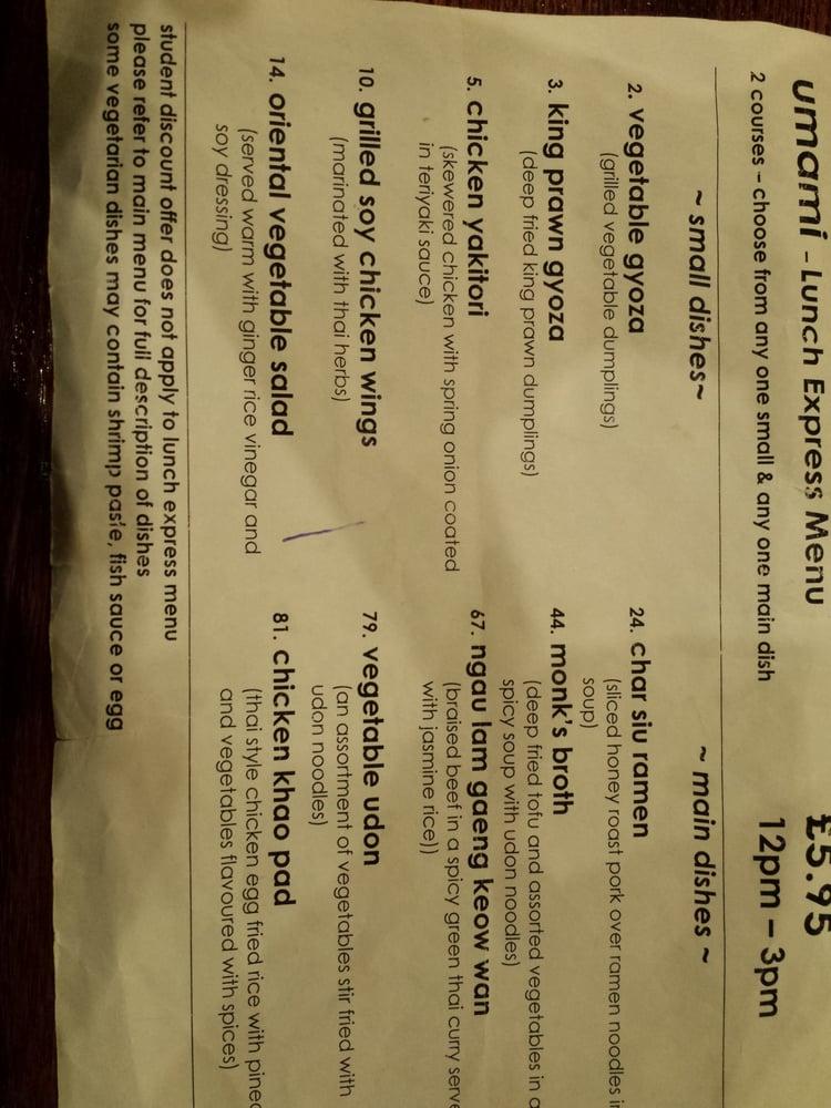 Menu at Umami restaurant, Manchester