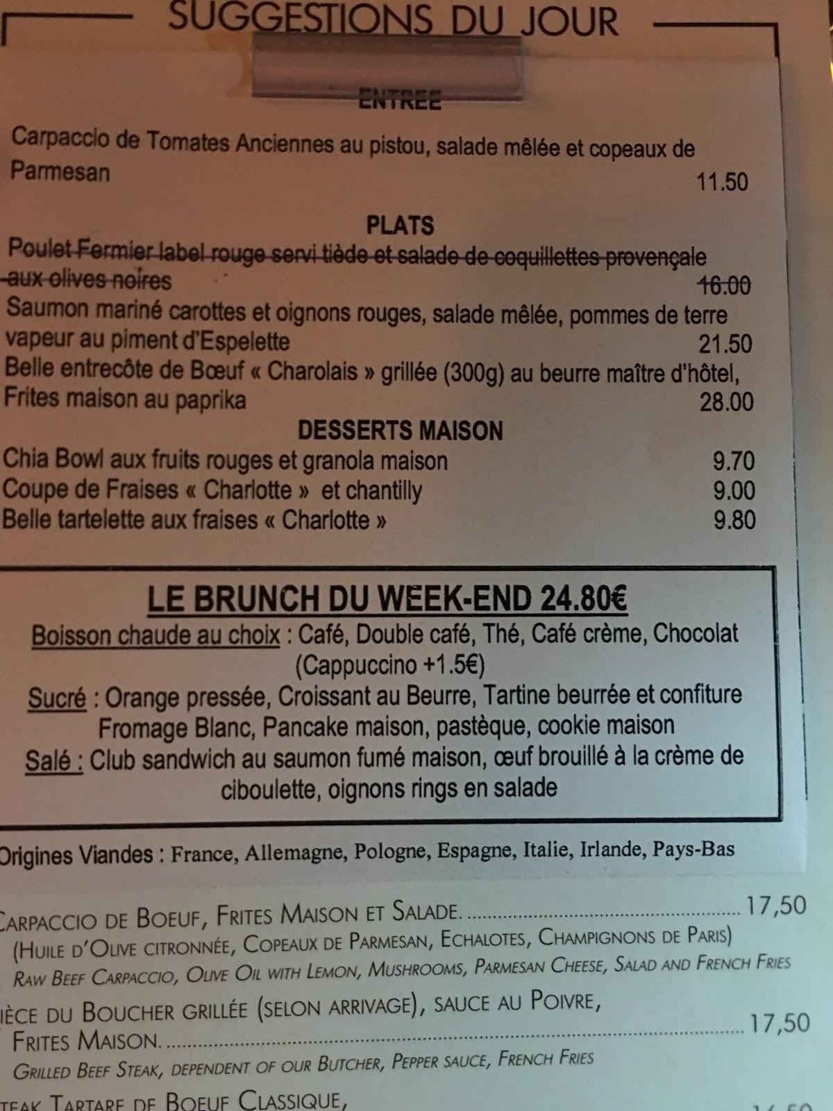 Menu at Café Latéral, Paris