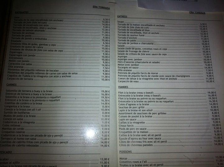 Carta del restaurante Era Torrada, Casarilh, Carrèr Major