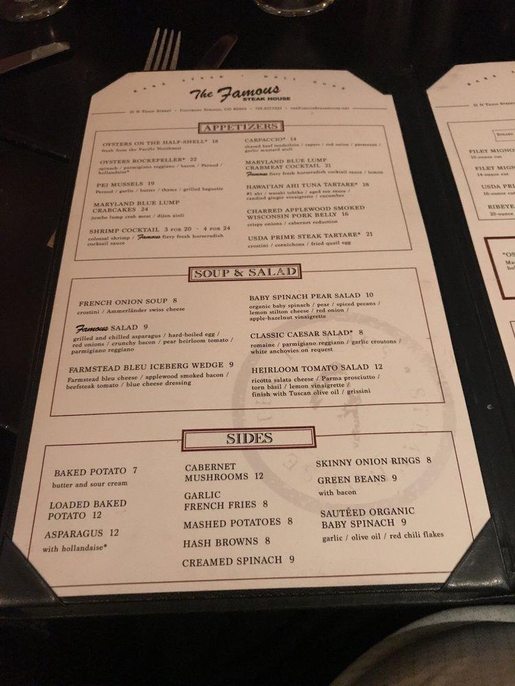 Menu at Famous Steak House steakhouse, Colorado Springs