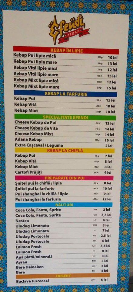 Menu at Fendi Kebap Novaci, Bucharest, Strada Novaci 9