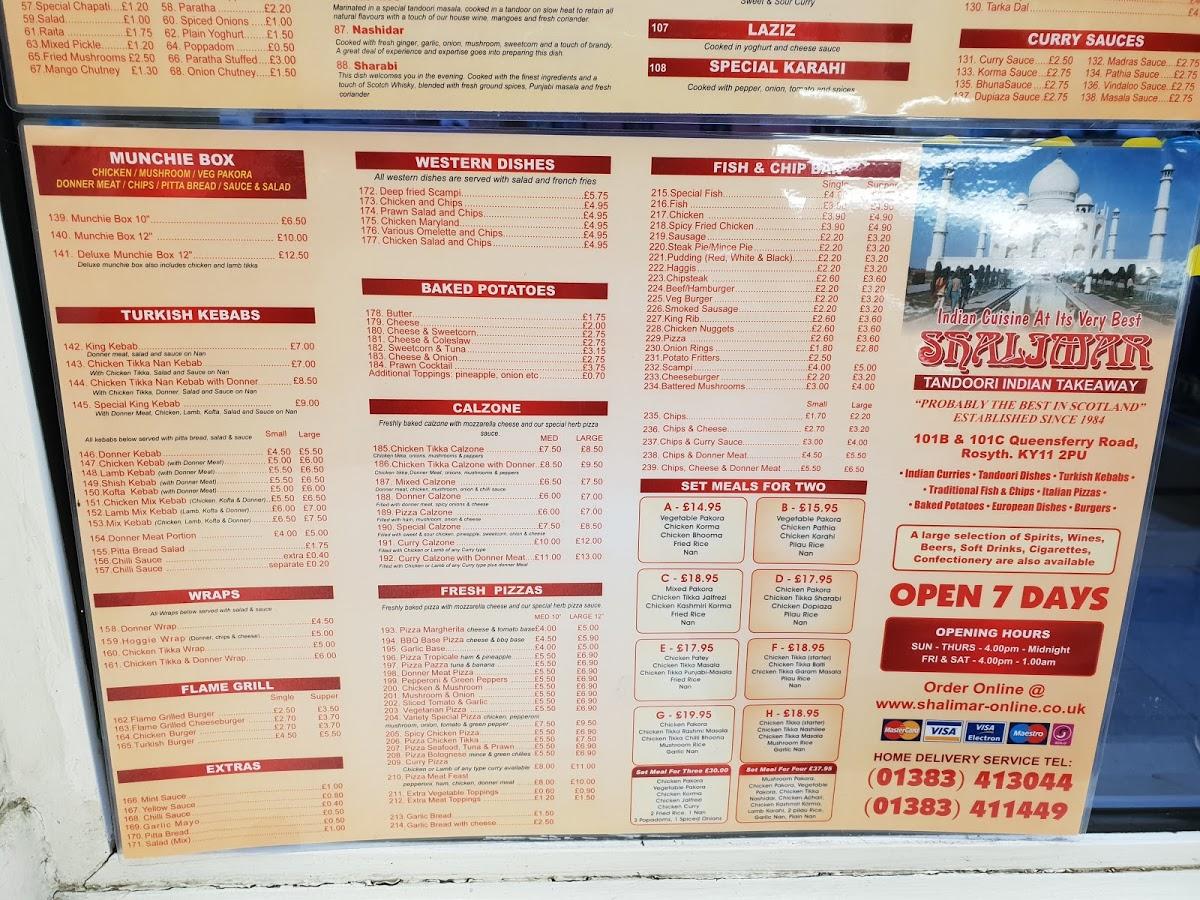Menu at Shalimar Takeaway fast food, Dunfermline