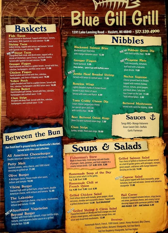 Menu at Blue Gill Grill pub & bar, Meridian charter Township