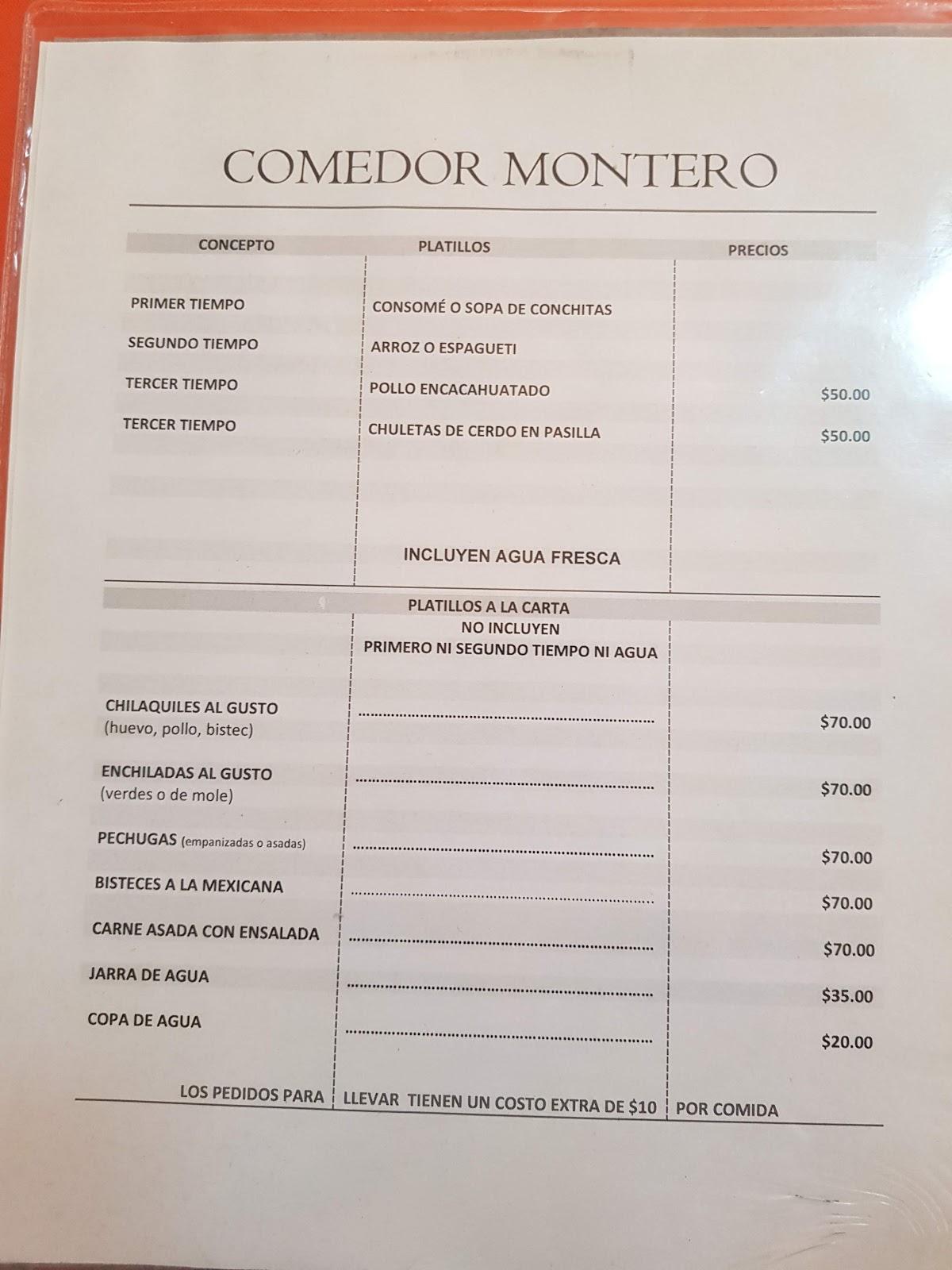 Menu at Comedor Montero restaurant, Mexico City