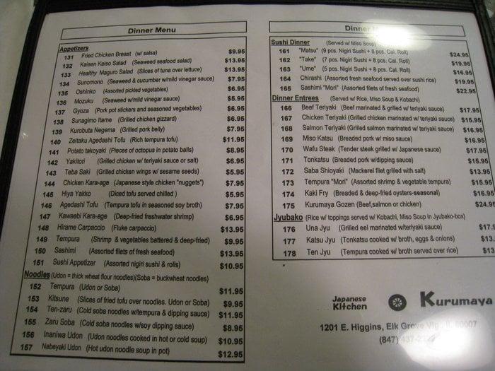 Menu at Kurumaya Japanese Restaurant, Elk Grove Village