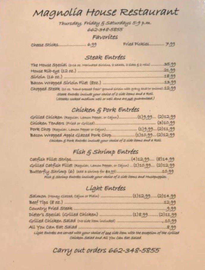 Menu at Magnolia House Restaurant, Guntown
