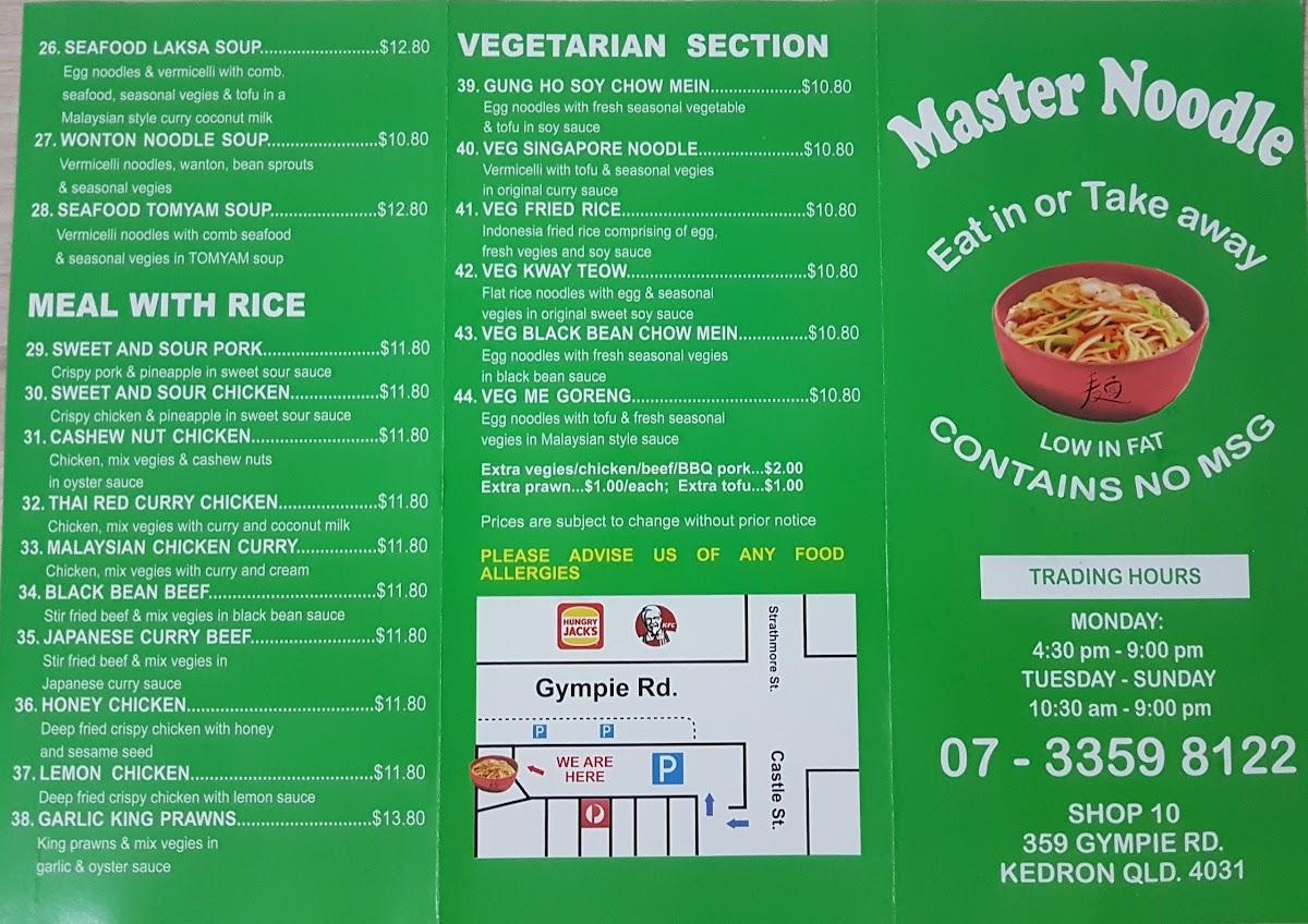 Menu at Master Noodle restaurant, Kedron