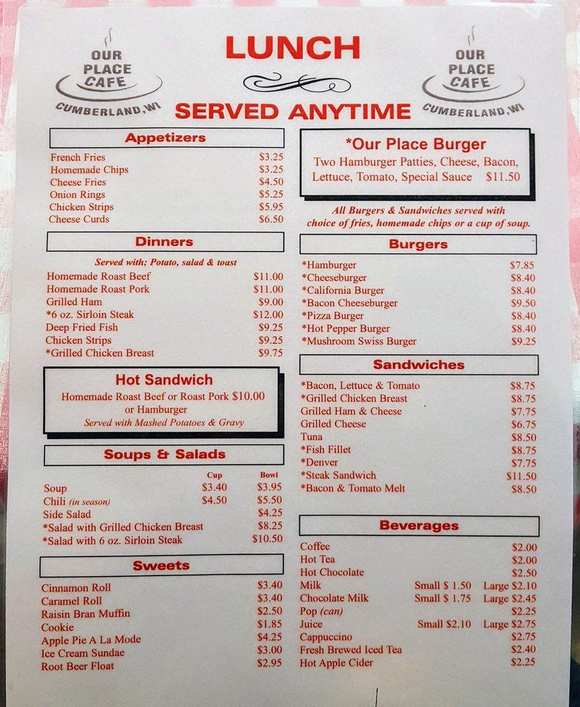 Menu at Our Place Cafe, Cumberland