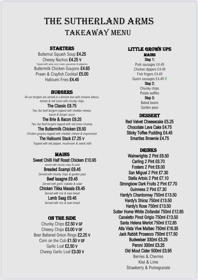 Menu at Sutherland Arms pub & bar, England, Tibberton