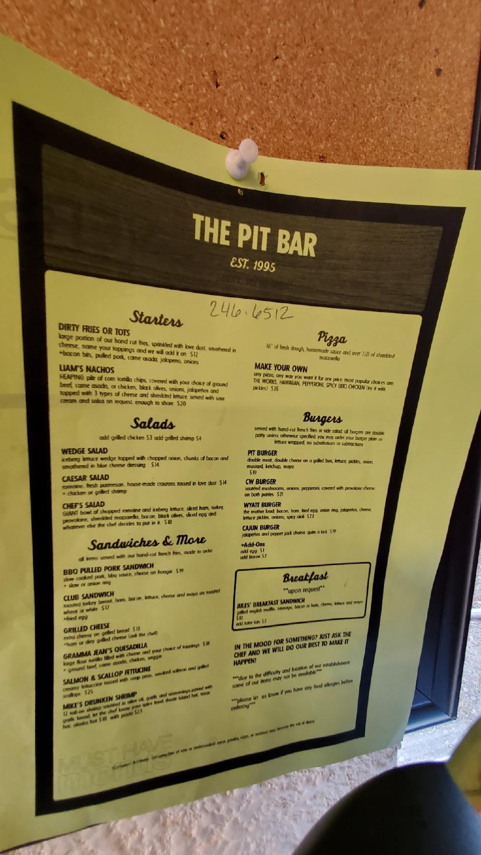 Menu at The Pit Bar, Naknek