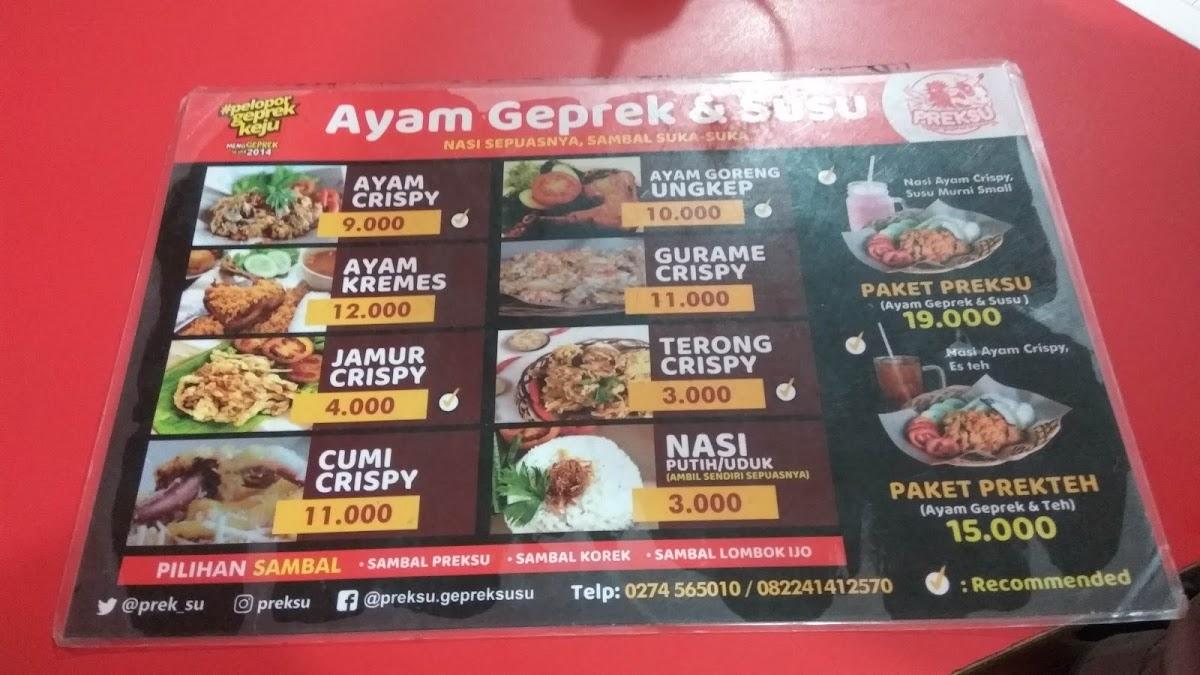 Carta del restaurante Ayam Geprek & Susu (Preksu) Pandega, Sendangadi