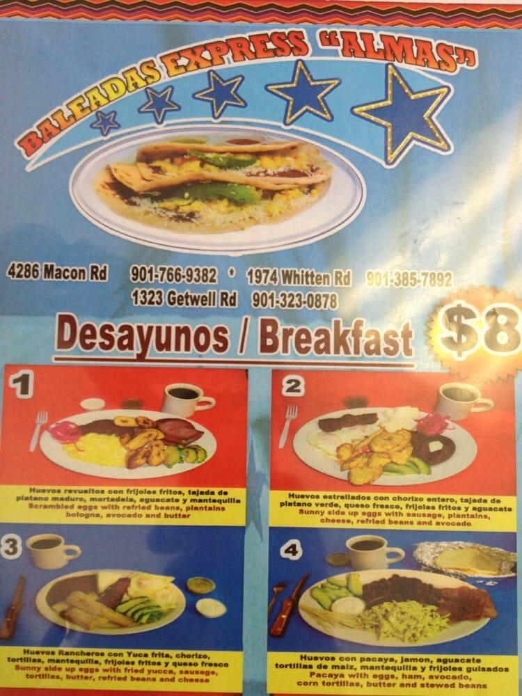 Menu at Baleadas Express Almas restaurant, Memphis