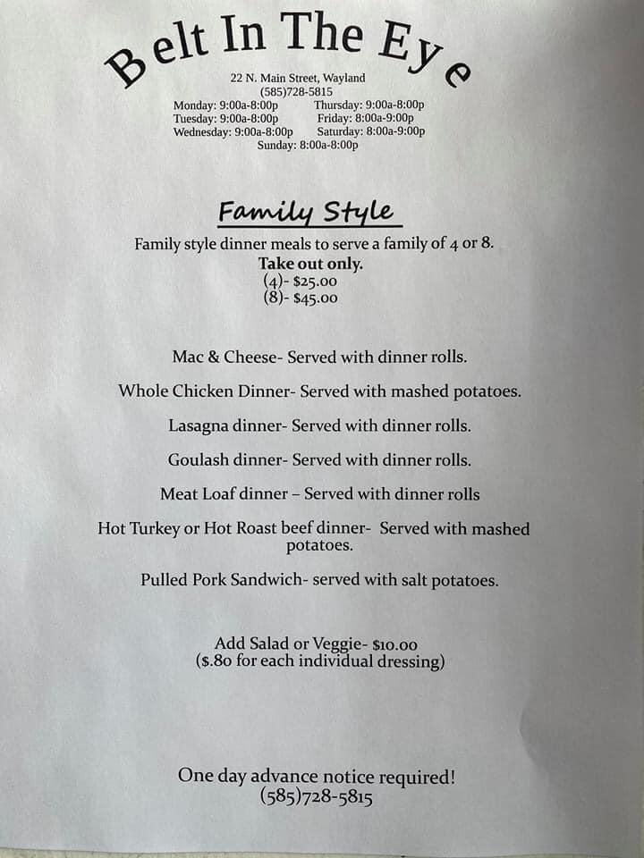 Menu at Belt In The Eye restaurant, Wayland