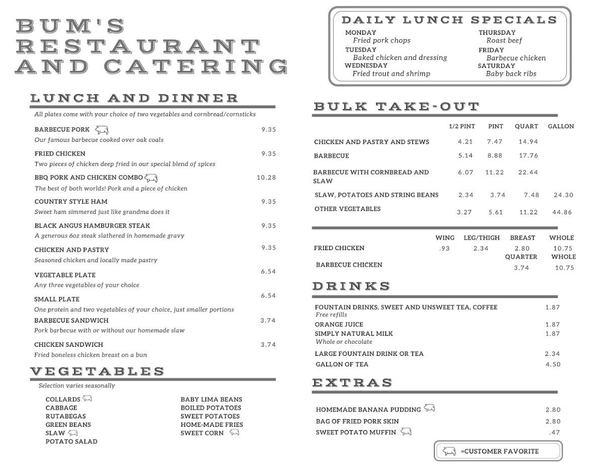 Menu at Bum's Restaurant, Ayden