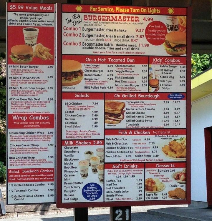 Menu at Burgermaster restaurant, Bellevue