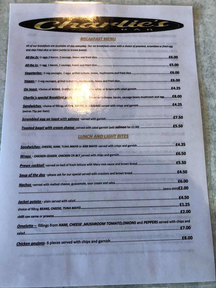 Menu at Charlies pub & bar, Margate